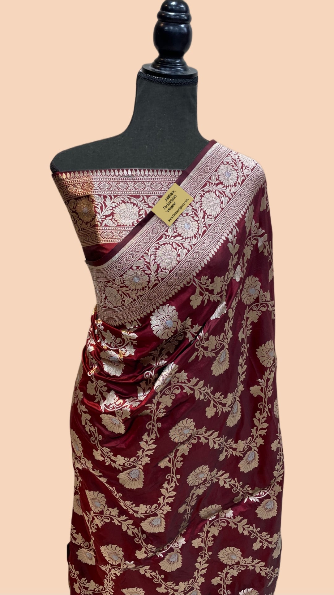 Spanish Maroon Pure Katan Banarasi Handloom Saree - Sona Roopa Jaal Wo ...