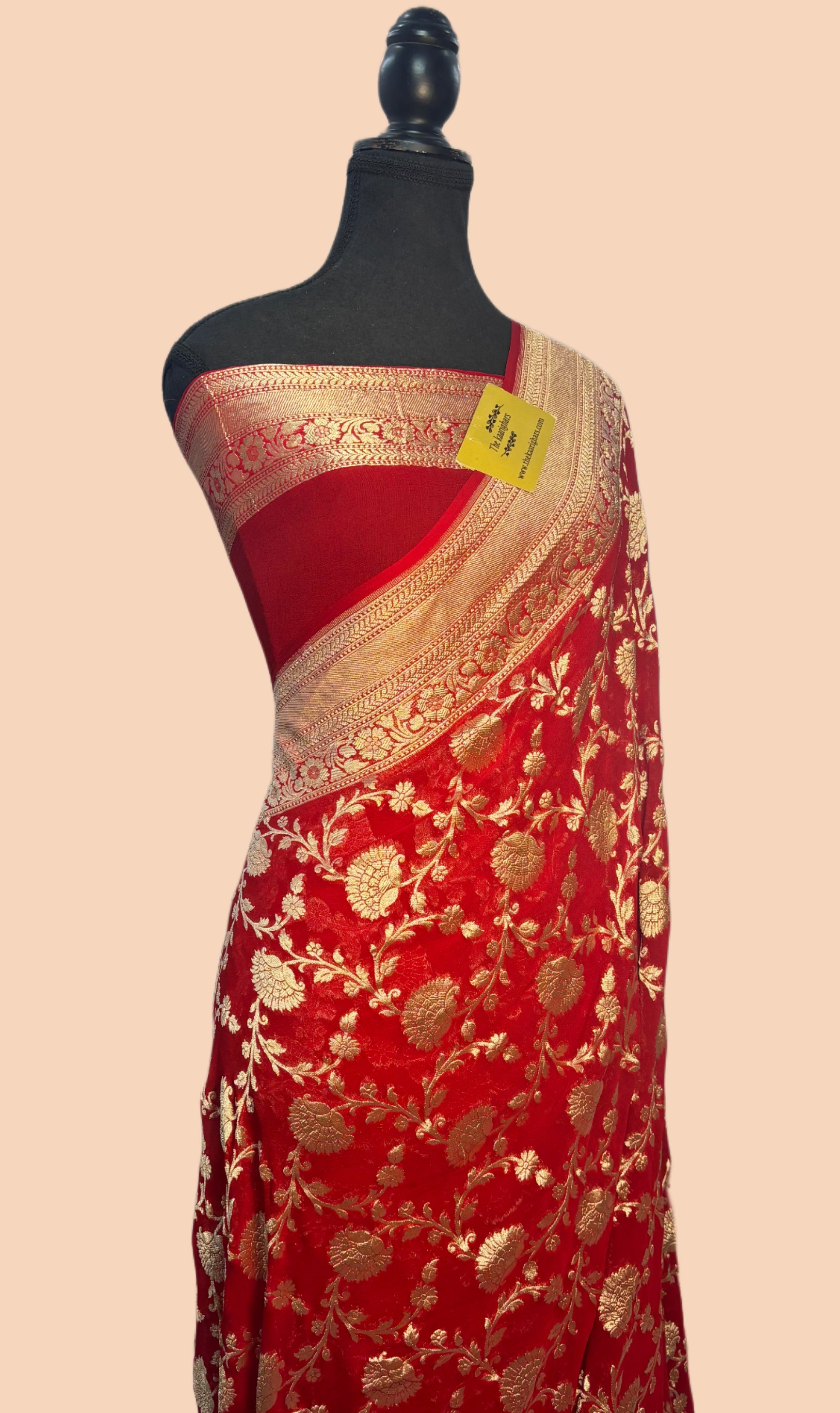 Red Pure Khaddi Georgette Banarasi Saree - Water Zari – The Kaarighars